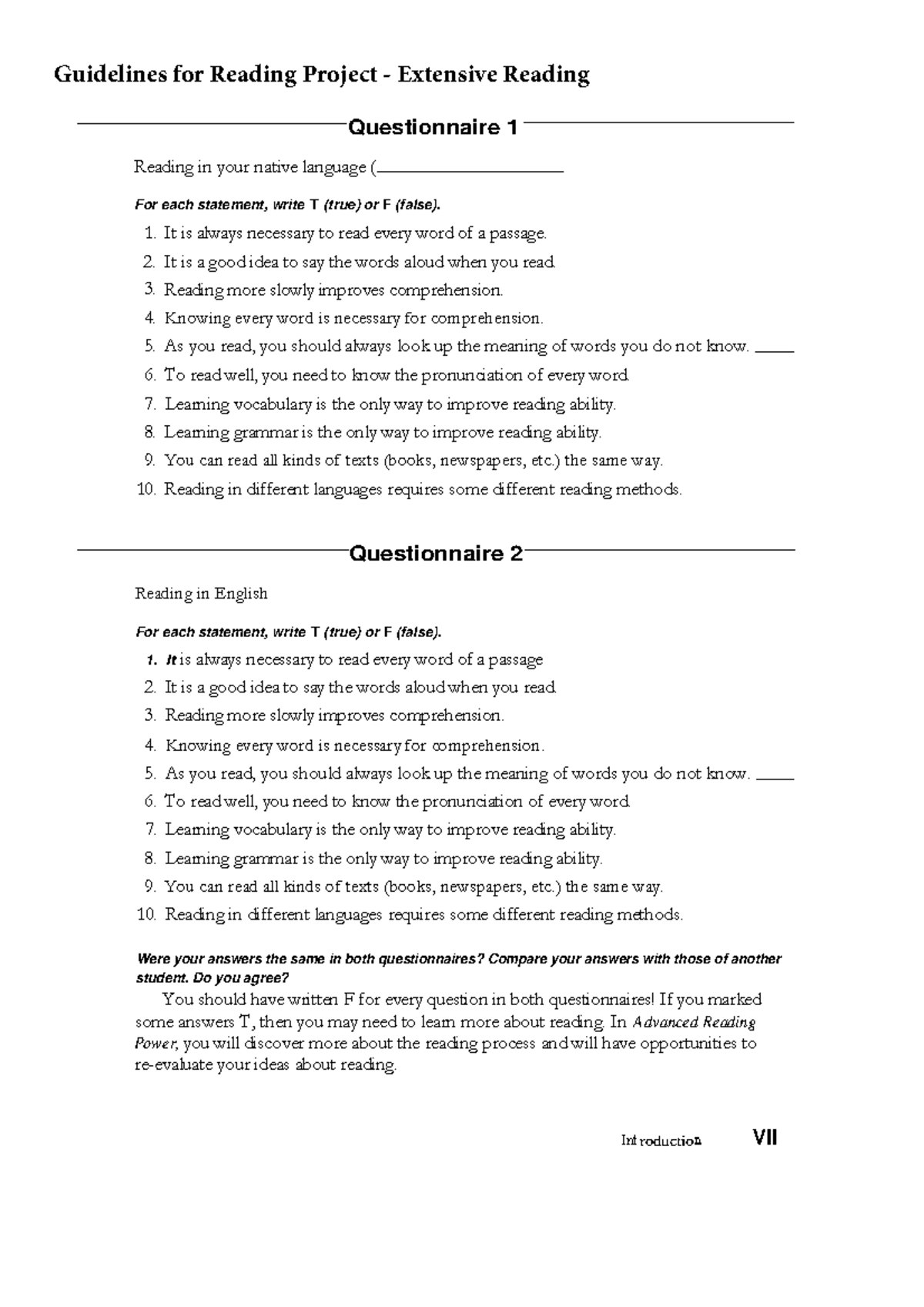 Extensive Reading - Materials to explore - Questionnaire 1 d n n r n t ...