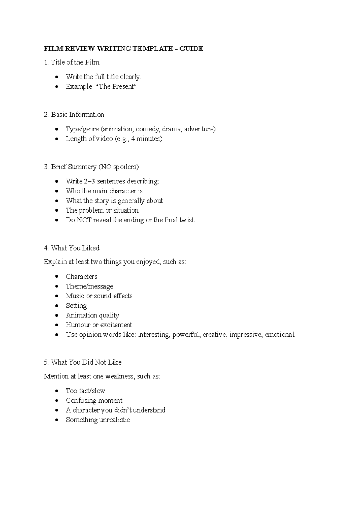 FILM Review Writing Template Guide for Students - Studocu