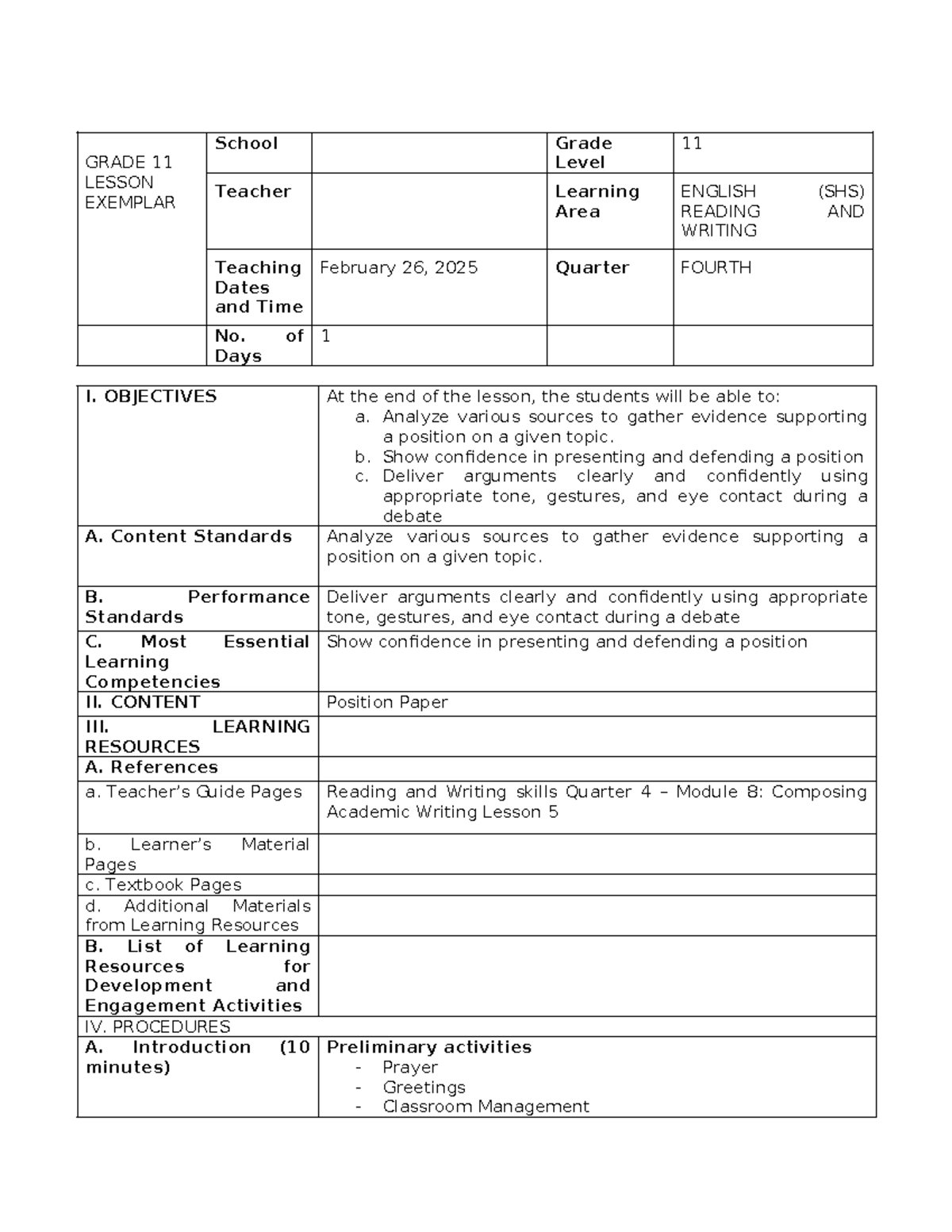 GRADE 11 ENGLISH LESSON EXEMPLAR: Position Paper Writing Guide - Studocu