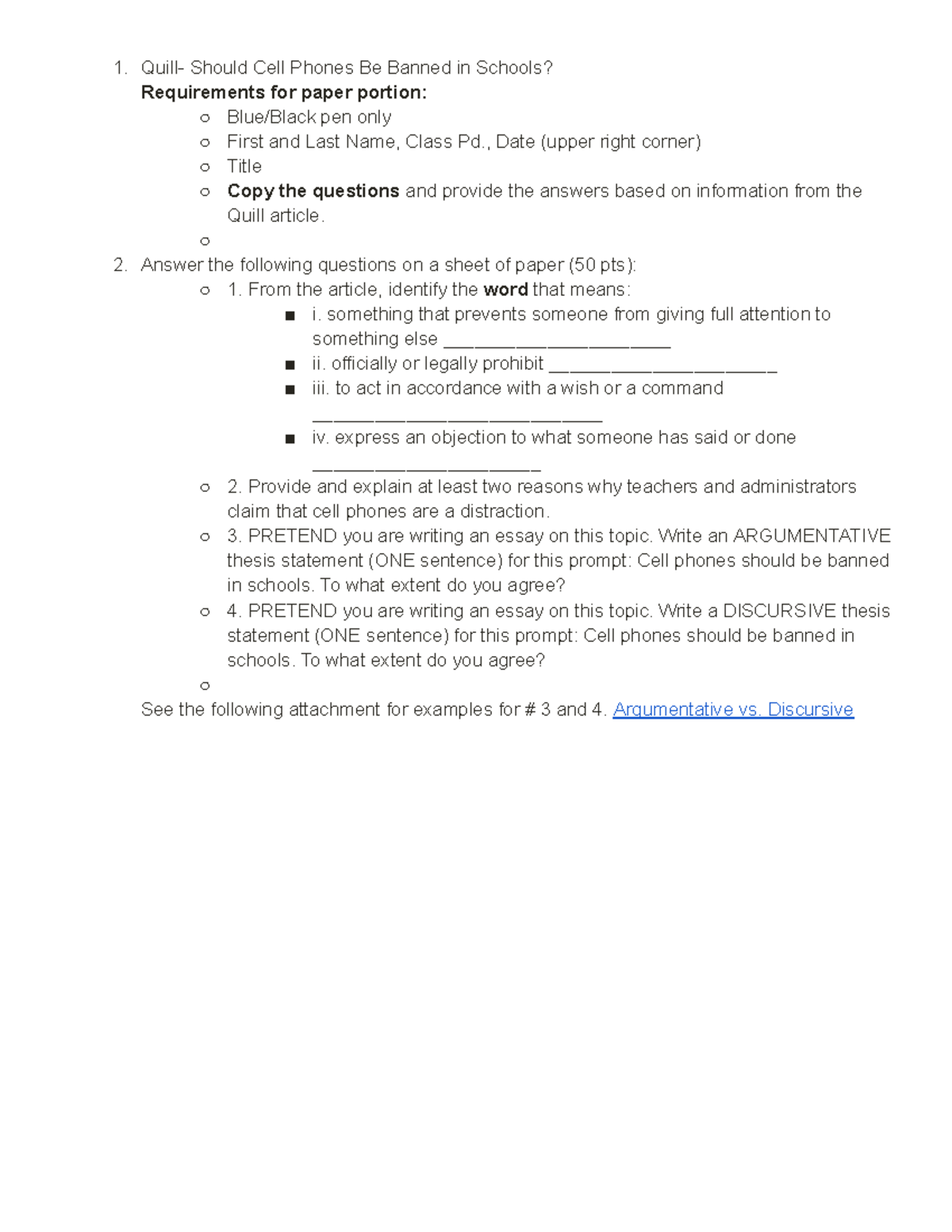 ENG 101: Should Cell Phones Be Banned in Schools? Argumentative ...