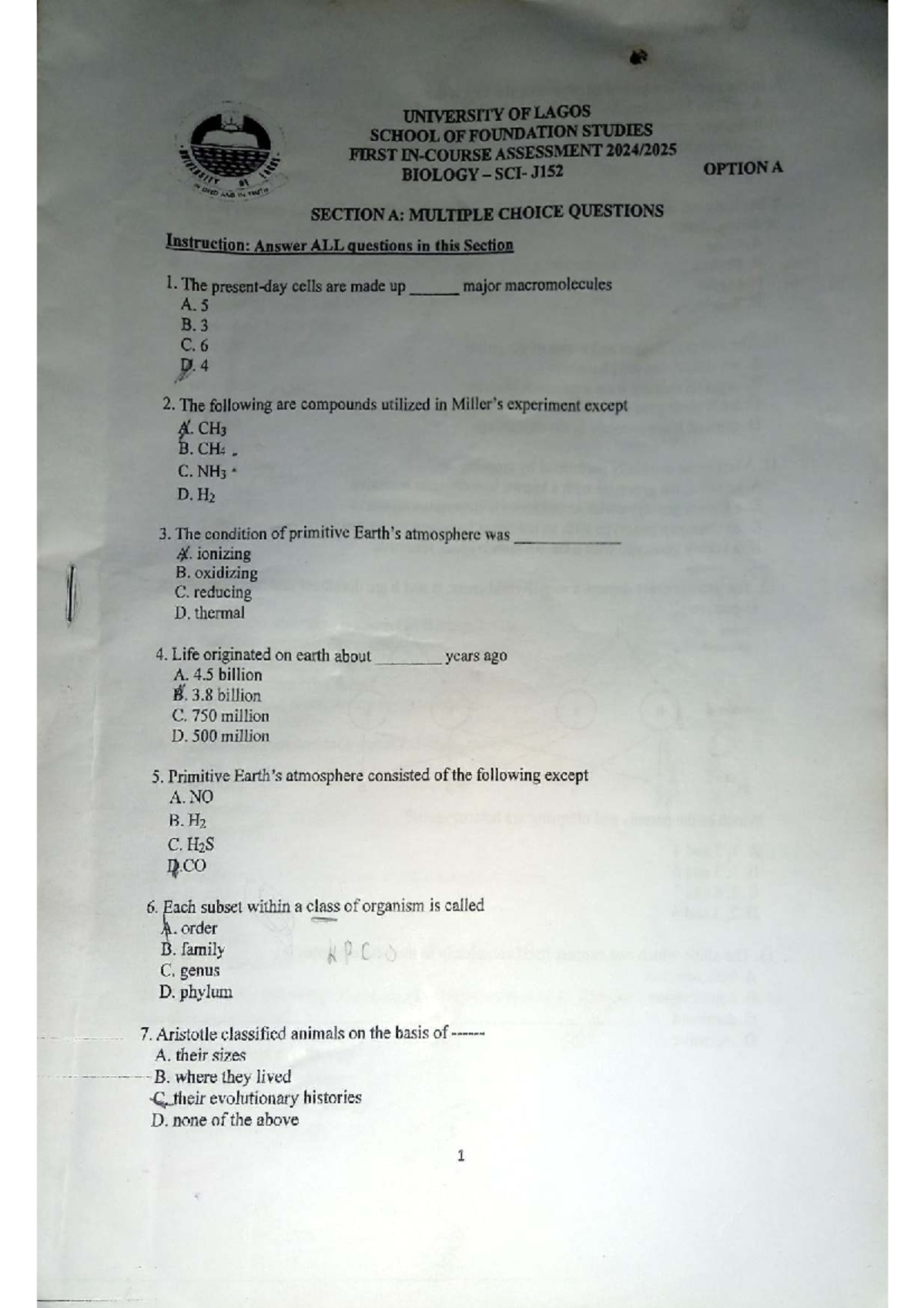 BIO J152: FIRST ASSESSMENT MULTIPLE CHOICE & THEORY QUESTIONS - Studocu