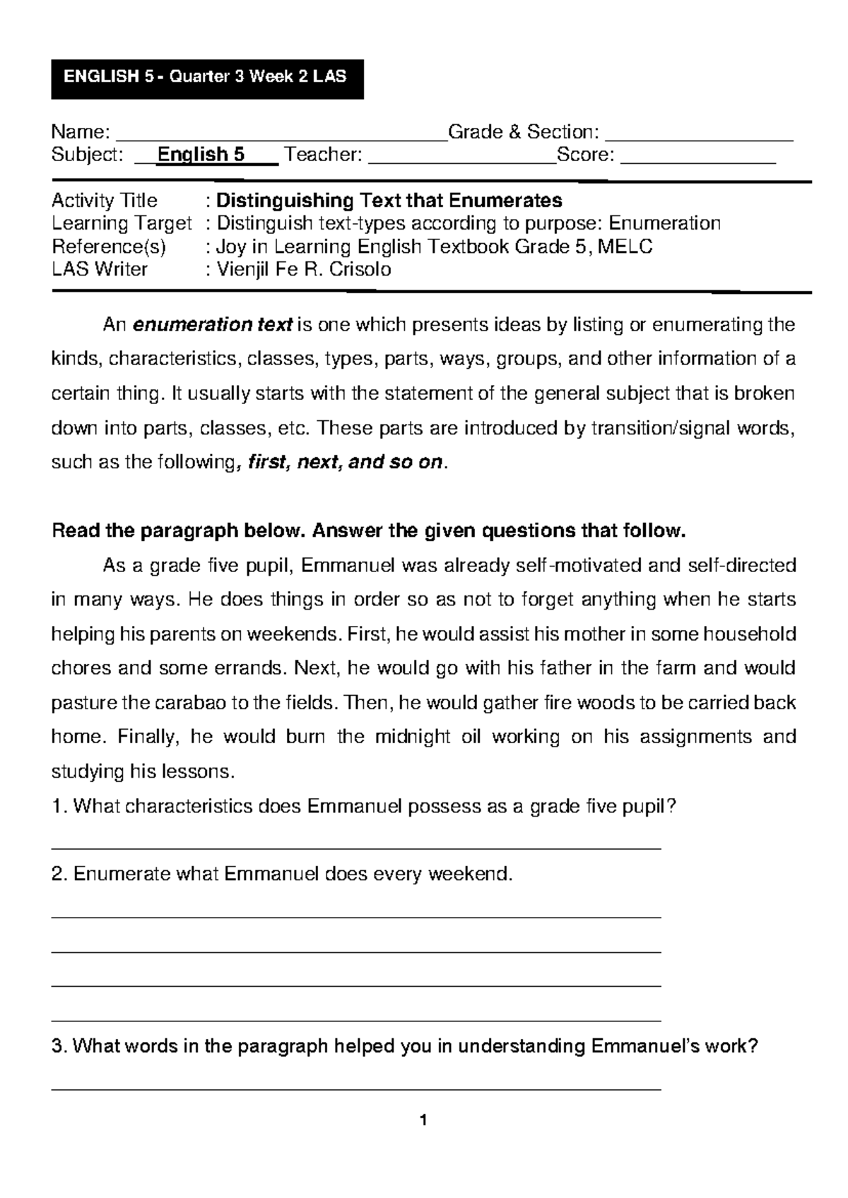 Eng 5-Q3 Week 2 LAS: Distinguishing Text Types - Enumeration & Time ...
