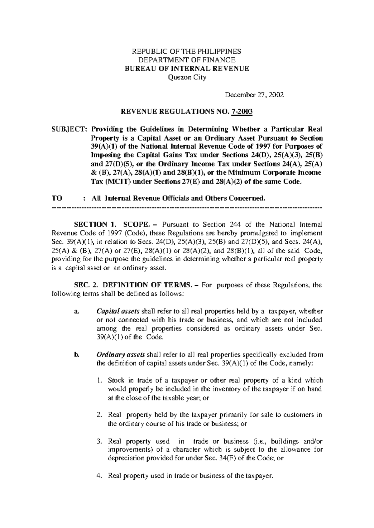 RR No. 7-2003 - Guidelines on Capital vs. Ordinary Assets Taxation ...