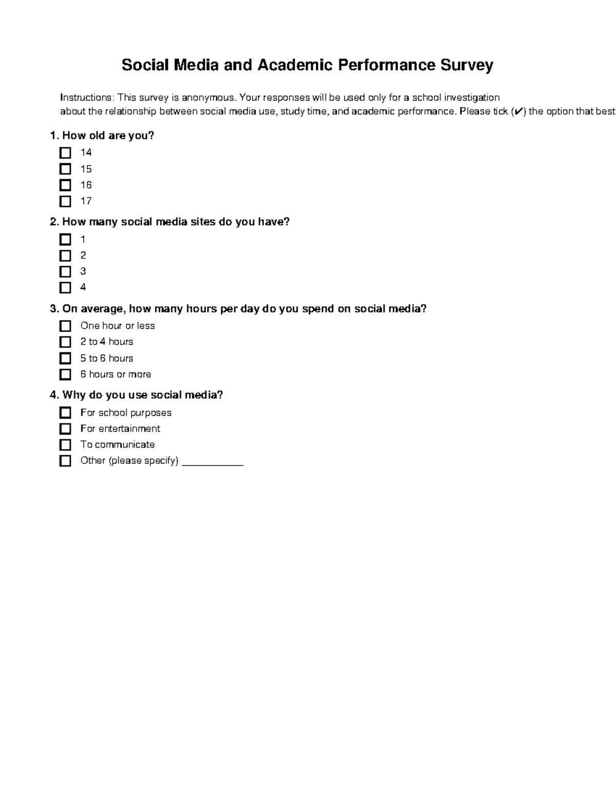 SOC 101: Social Media & Academic Performance Survey Instructions - Studocu