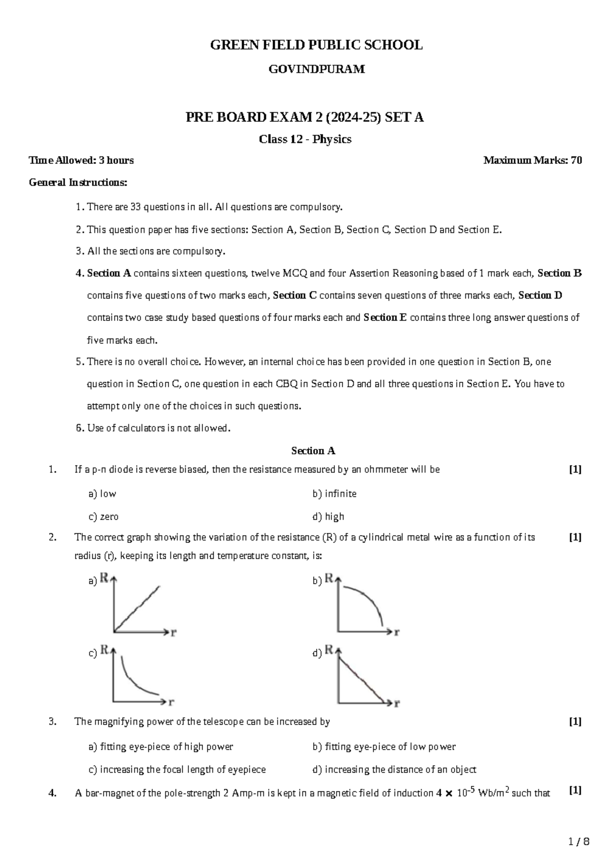Class 12 Physics Pre Board Exam 2 Set A - Green Field Public School ...