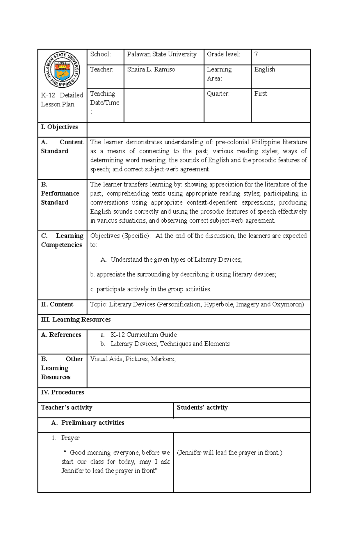 Lesson Plan (ENG 7) on Literary Devices: Hyperbole, Imagery ...
