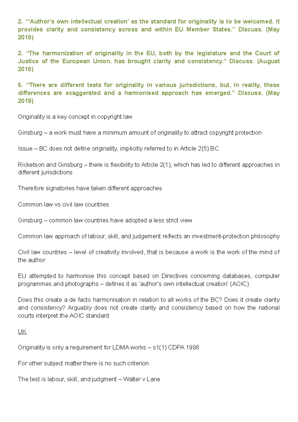 Originality in Copyright Law: Exam Questions & Analysis (Law 101) - Studocu