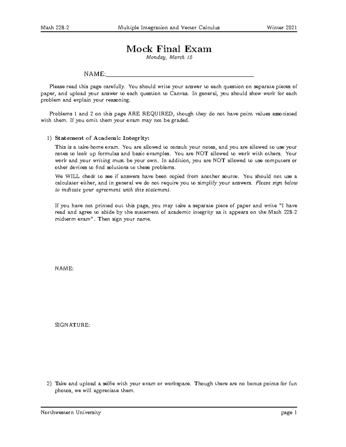 Mock Final - You should write your answer to each question on separate ...
