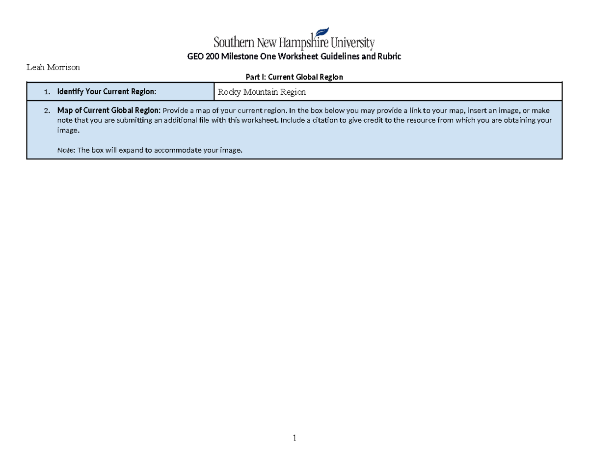 GEO 200 Milestone One Worksheet Student Example - GEO 200 Milestone One ...