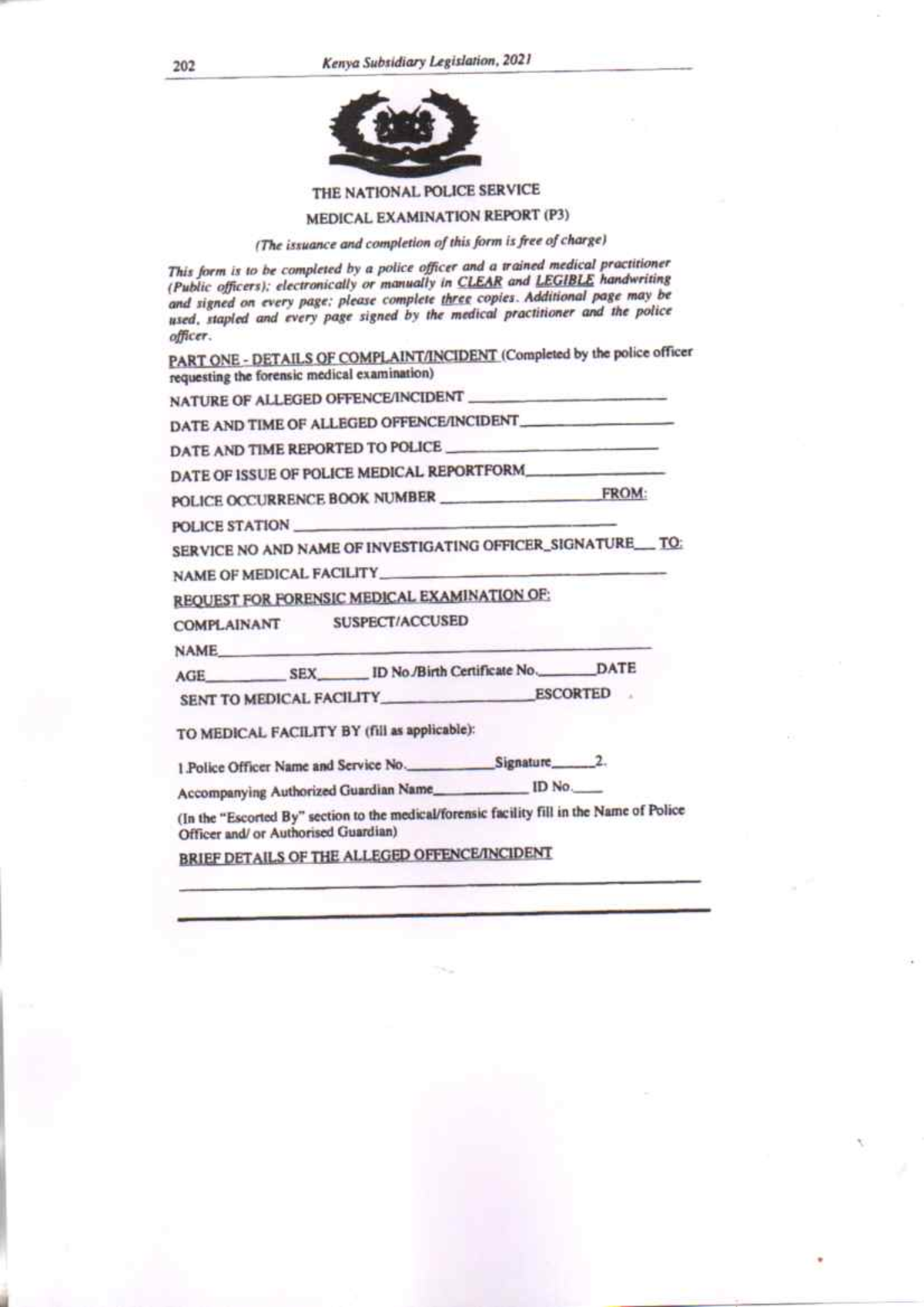 P3 Form and Medical Examination Report - Kenya Subsidiary Legislation 2021 - Studocu