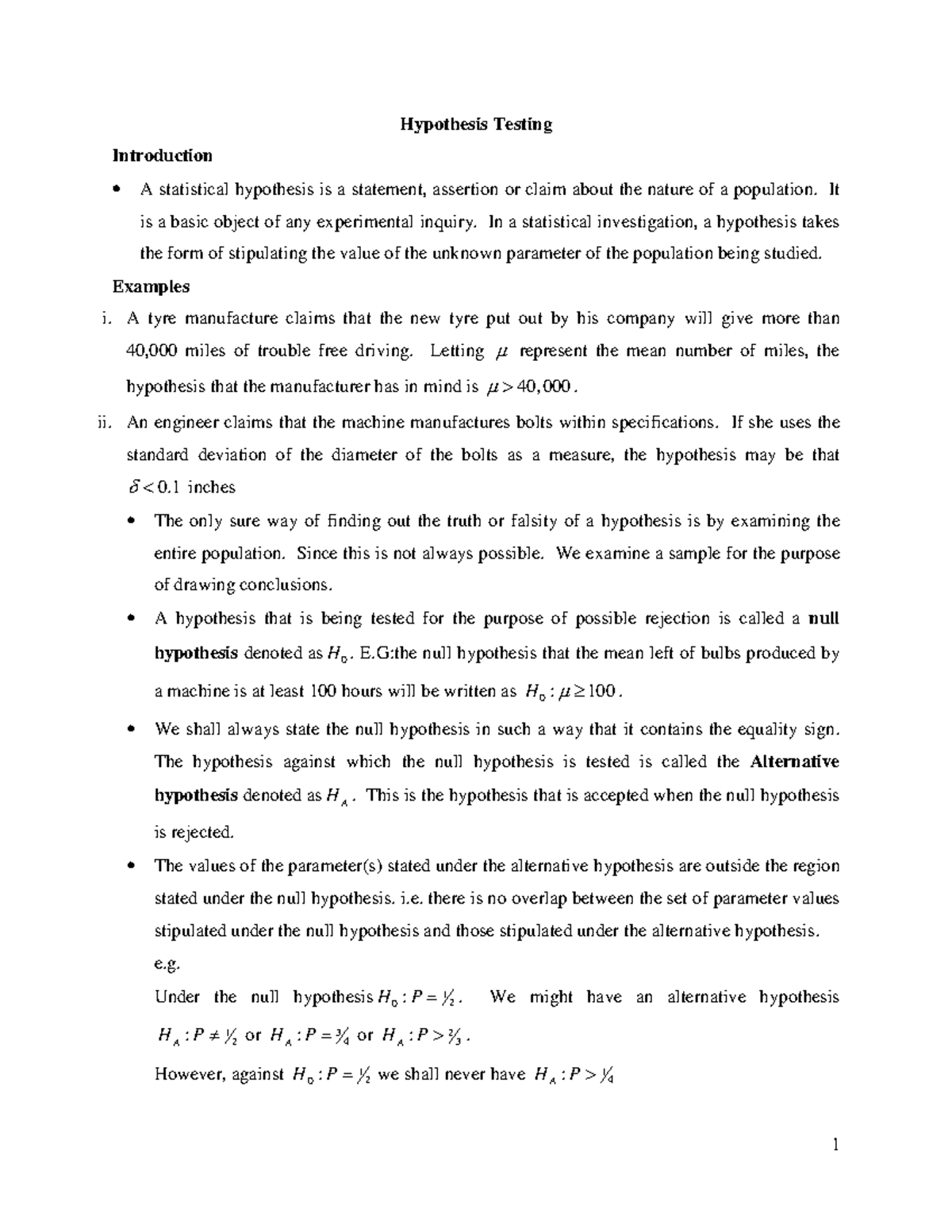 Hypothesis Testing - Lecture notes 10 - Hypothesis Testing Introduction ...