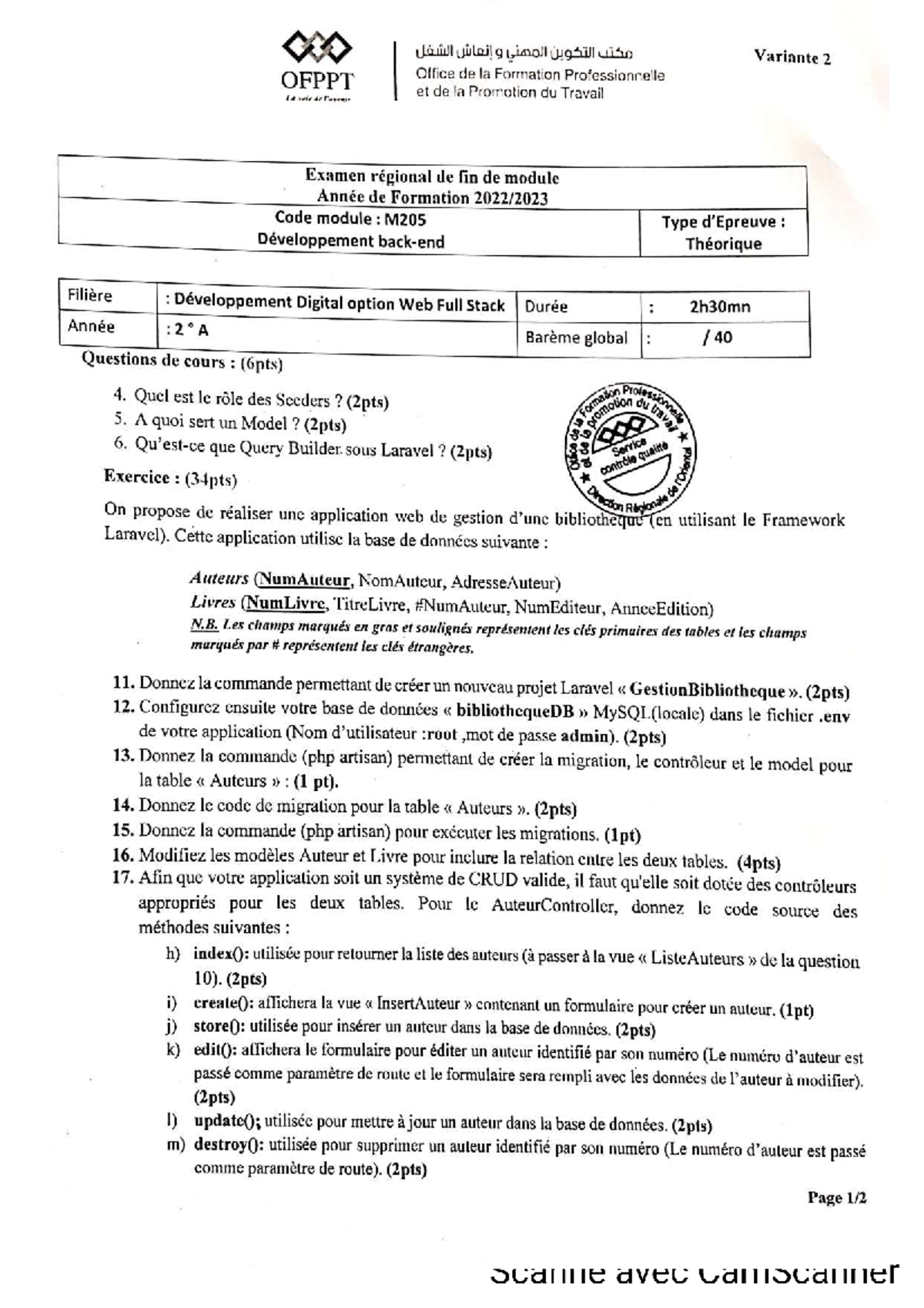 Examen Régional M205: Développement Digital - Laravel 2023 - Studocu