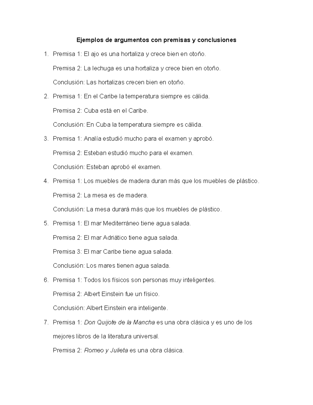 Ejemplos de Argumentos: Premisas y Conclusiones (Ejercicio) - Studocu