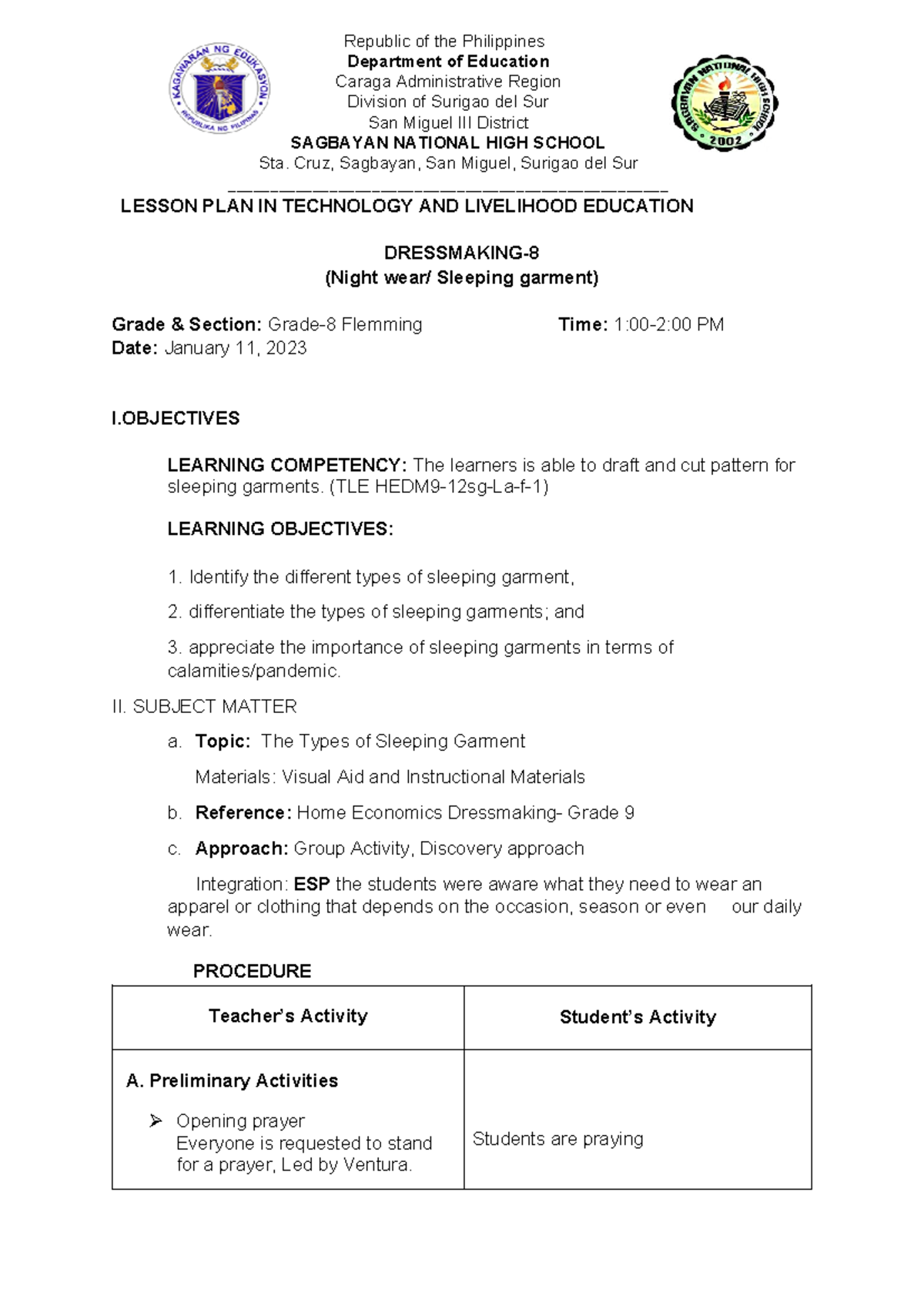 Lesson Plan: Types of Sleeping Garments (TLE HEDM9-12sg-La-f-1) - Studocu