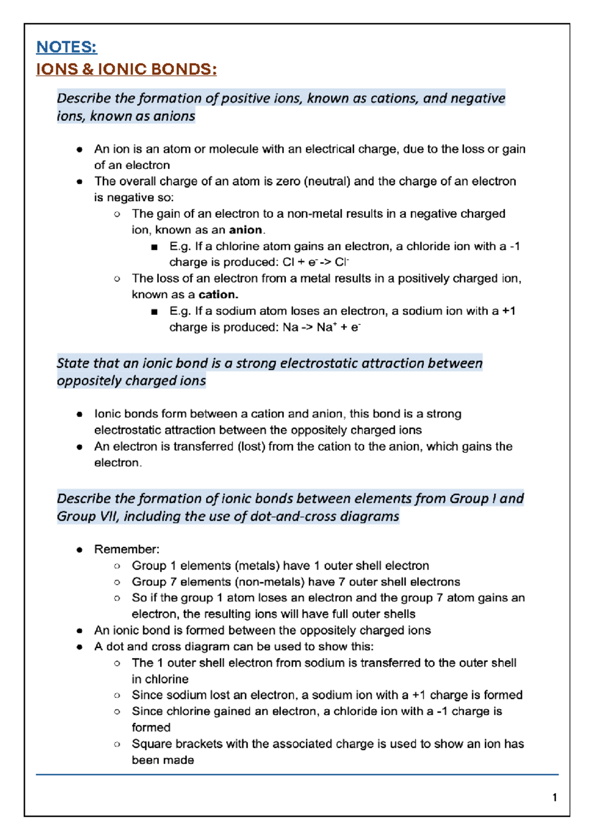 Notes Chemical Bonding - Chemistry Grade 9 - NOTES: IONS & IONIC BONDS ...