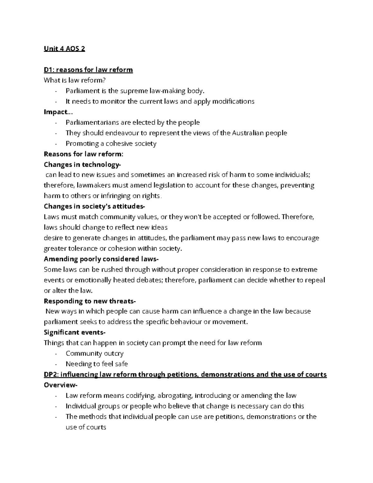 Unit 4 AOS 2 D1: Study Notes on Law Reform and Its Influences - Studocu