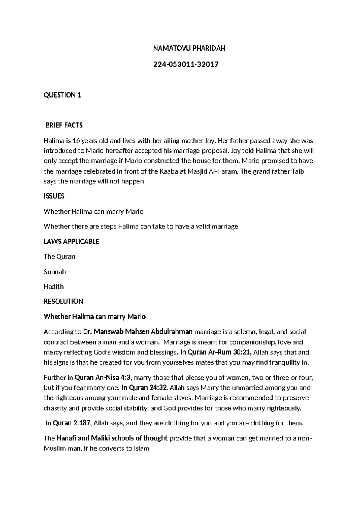 Islam 111 - Marriage Validity Issues: Halima & Mario's Case Study - Studocu