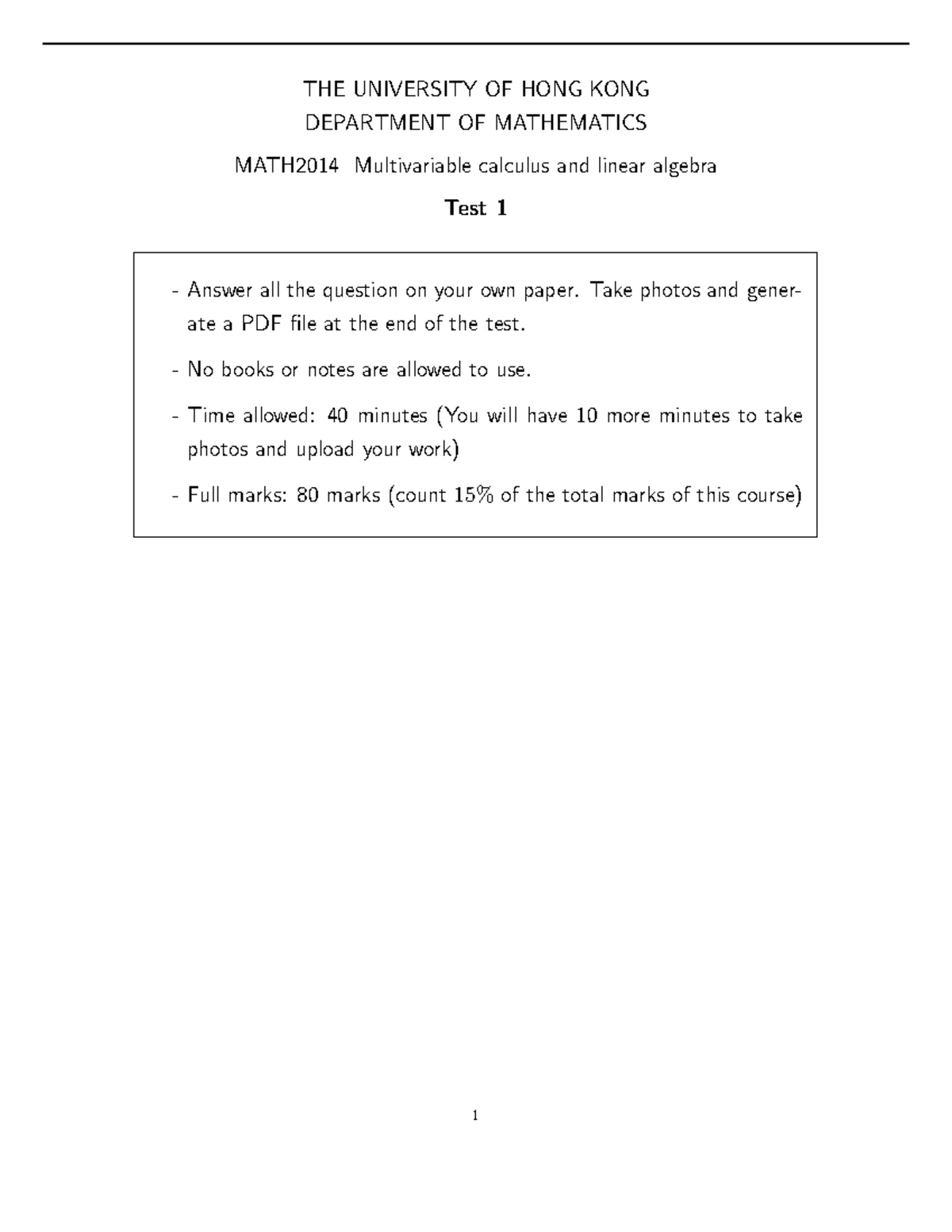 Math2014 Test 1 G - Past Exam Paper for Multivariable Calculus - Studocu