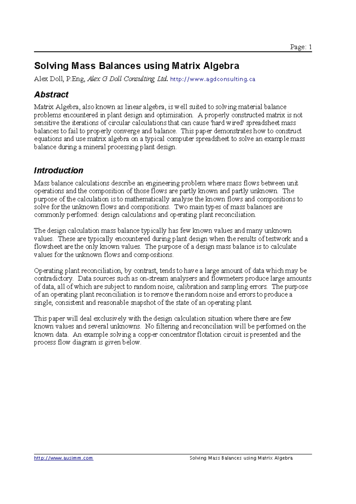 Matrix Algebra for Mass Balances in Mineral Processing Design - Studocu