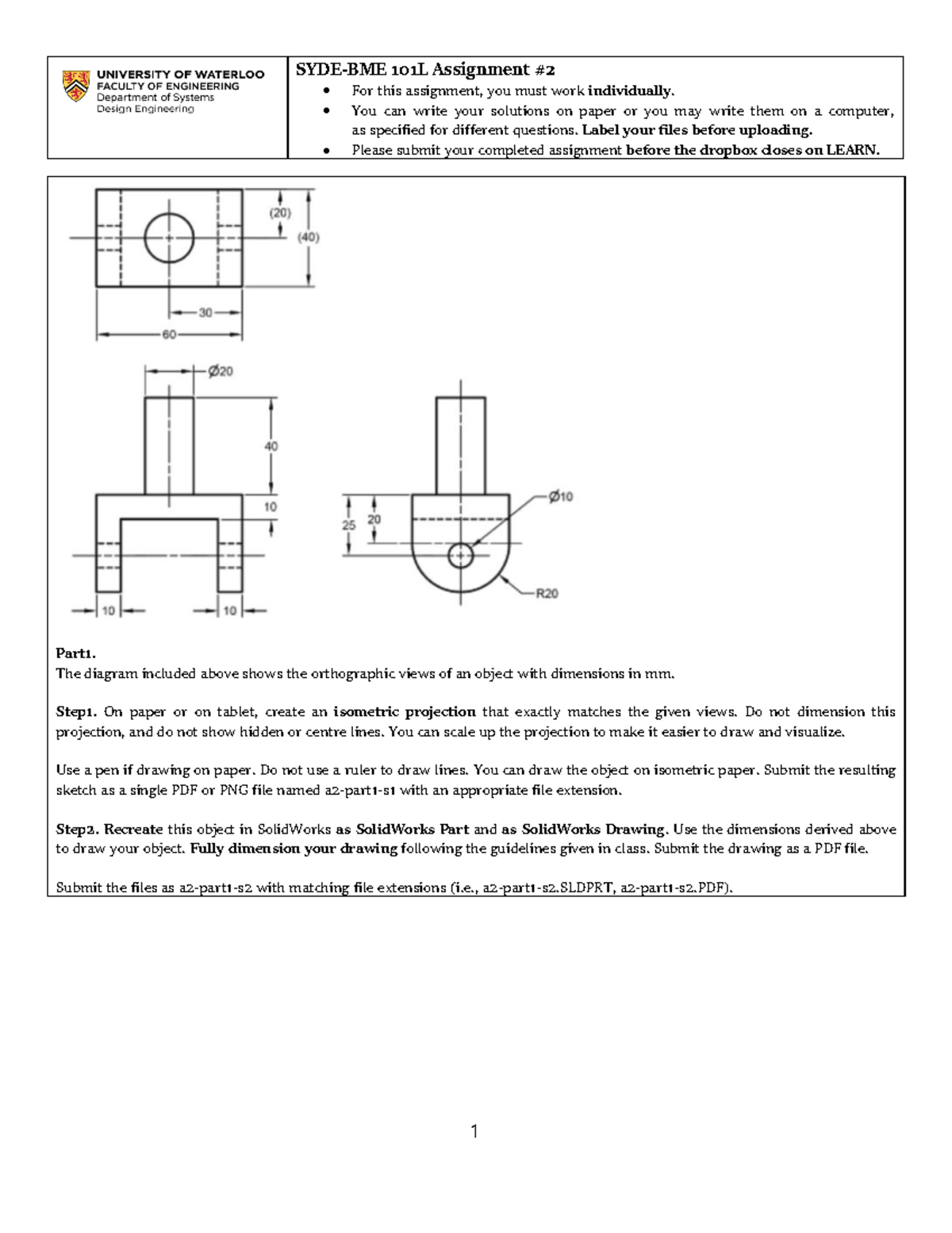 SYDE-BME 101L Assignment #2 - Isometric Projection & SolidWorks Tasks ...