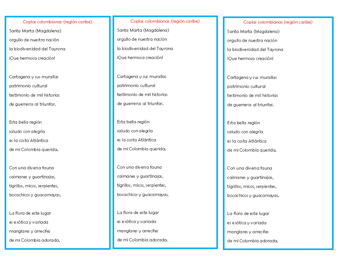 Cuento Laboriosidad, Oración - Coplas colombianas (región caribe) Santa Marta (Magdalena ...