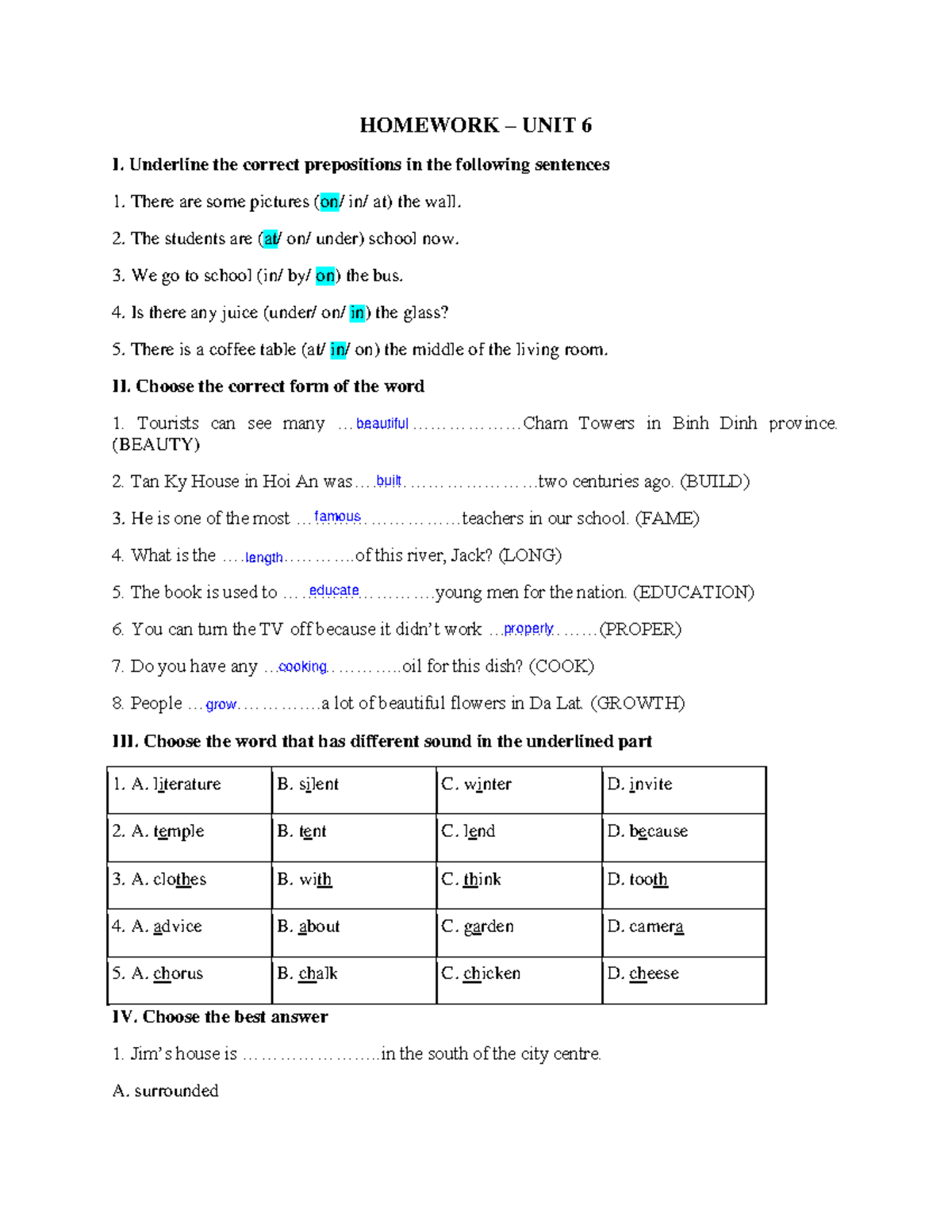Homework unit 6 - HW U6 - HOMEWORK – UNIT 6 I. Underline the correct prepositions in the ...