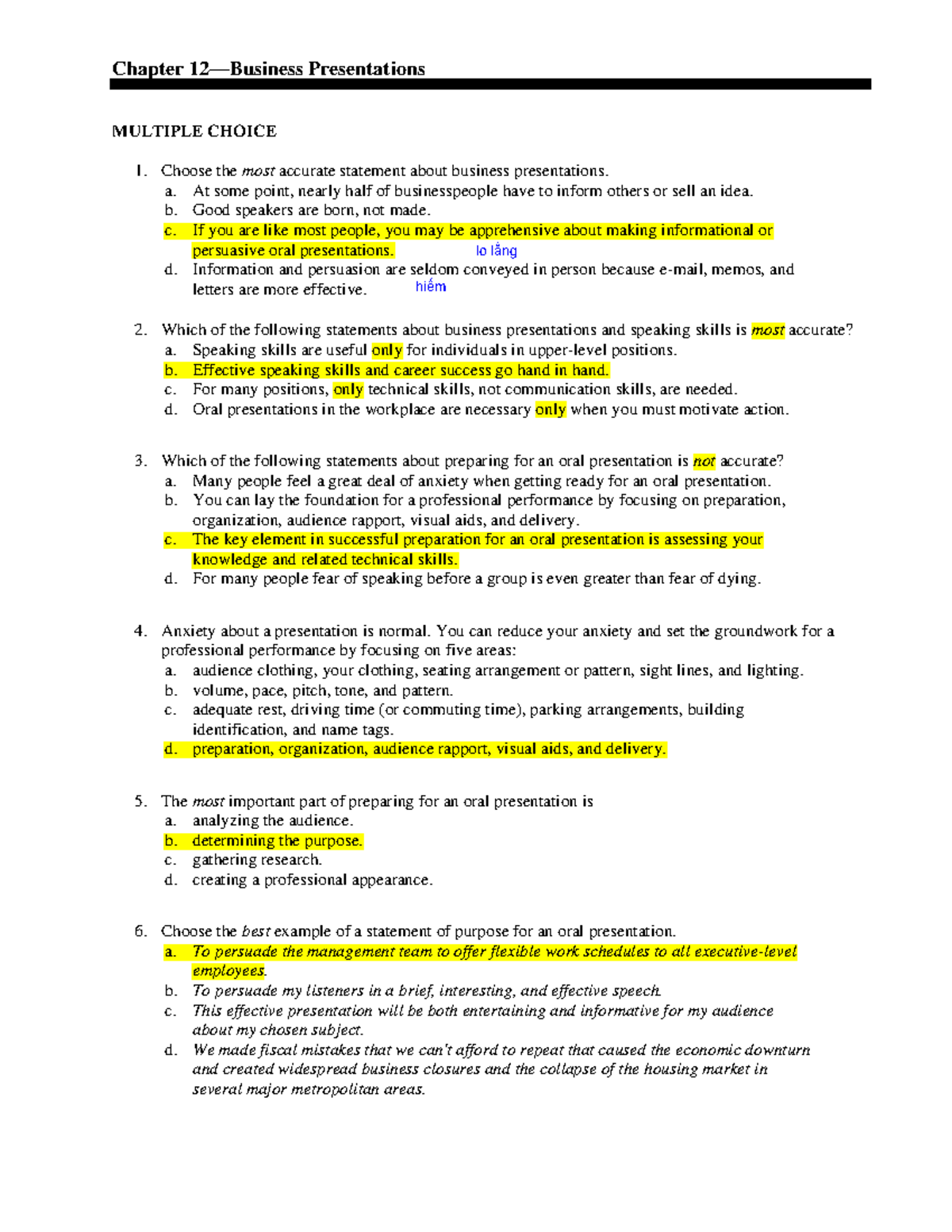 Chapter 12 Revision Questions: Business Presentations and Speaking ...