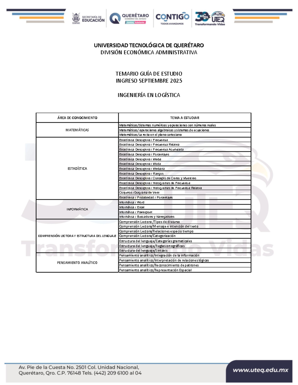 Guía de Estudio para ING EN Logística - Temario 2025 - Studocu