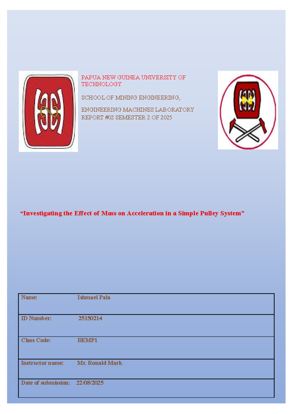 BEMP1 Engineering Machines Lab Report: Effect of Mass on Acceleration - Studocu