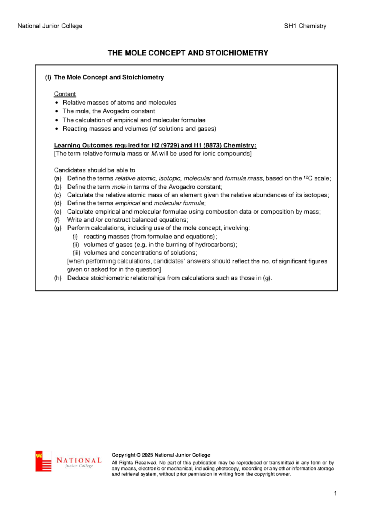 National Junior College SH1 Chemistry: Mole Concept & Stoichiometry ...