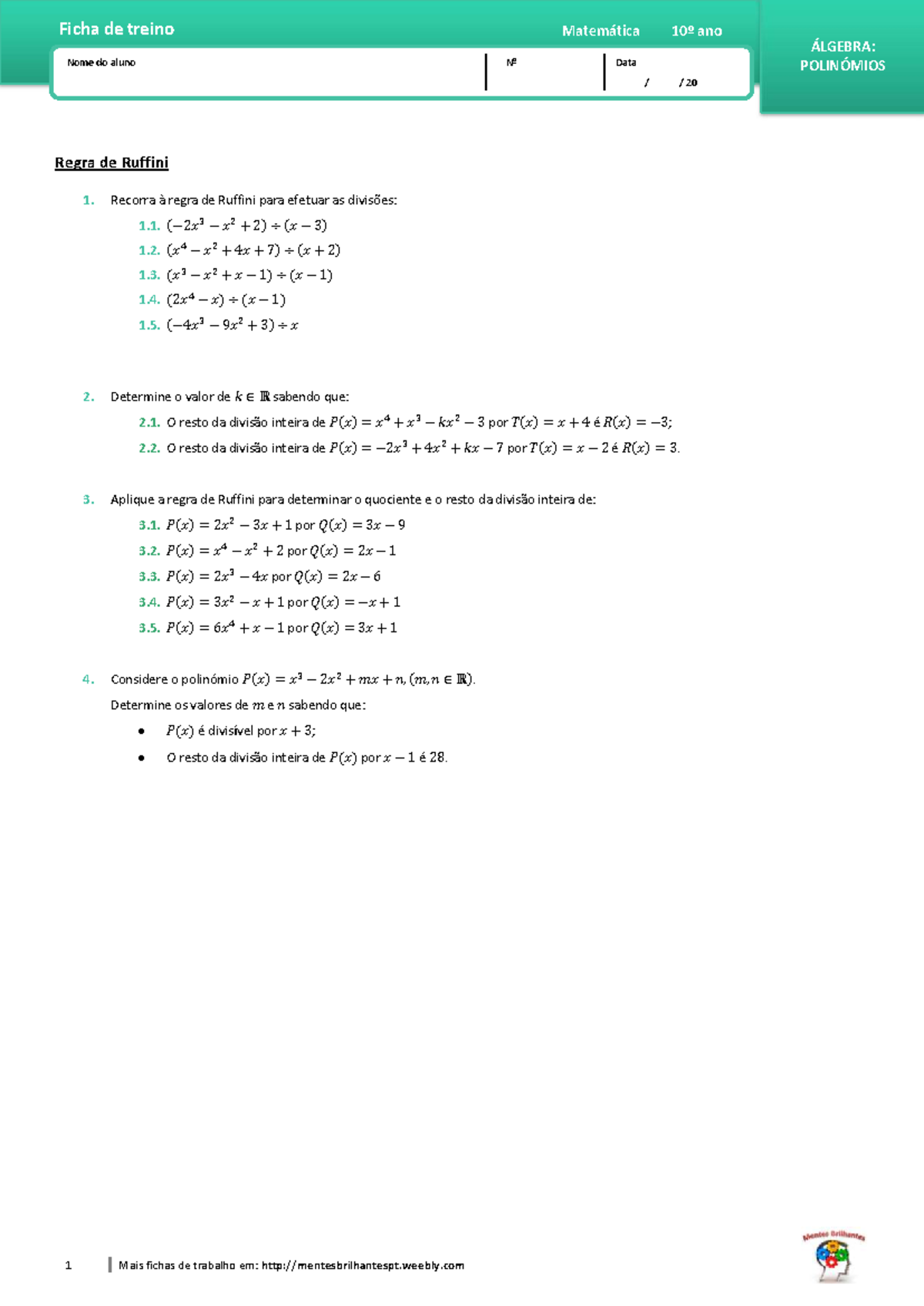 Ficha de Treino: Regra de Ruffini em Polinómios - 10º Ano Matemática ...