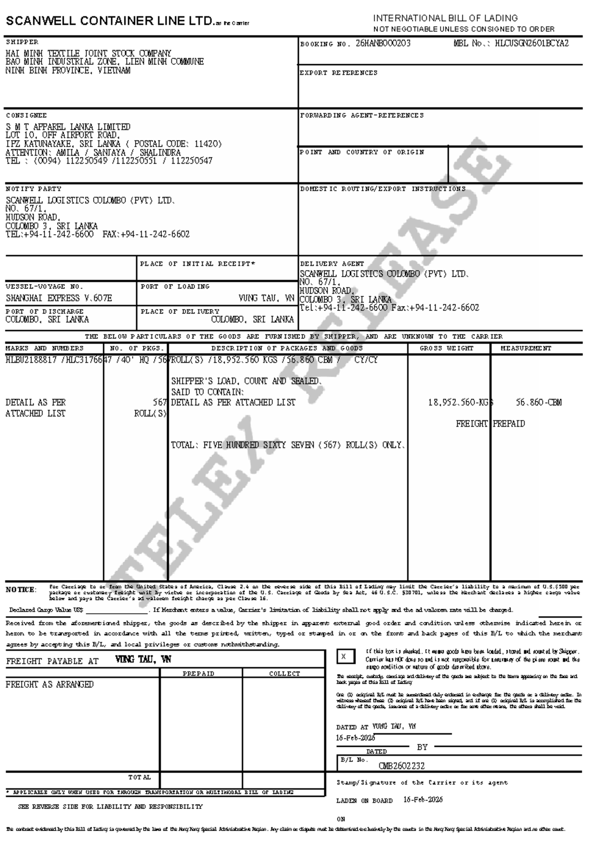 International Bill of Lading - HBL No. CMB2602232 for Scanwell ...