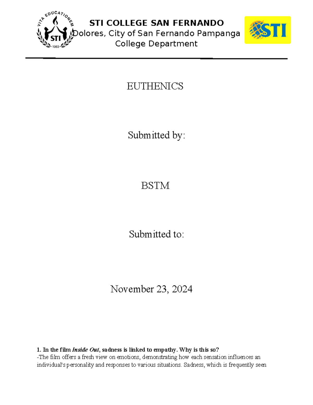 Cs - 1. In the film Inside Out, sadness is linked to empathy. Why is this so? - BS tourism - Studocu