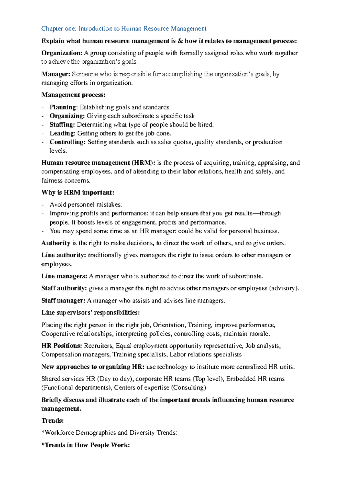 Summary HR - Chapter one: Introduction to Human Resource Management ...