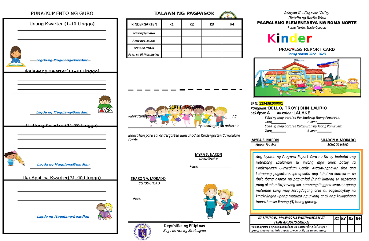 K1 Progress Report Card (2022-2023) - Kindergarten Assessment - Studocu