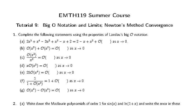 EMTH119 Summer Tutorial 9: Big O Notation & Method Convergence - Studocu
