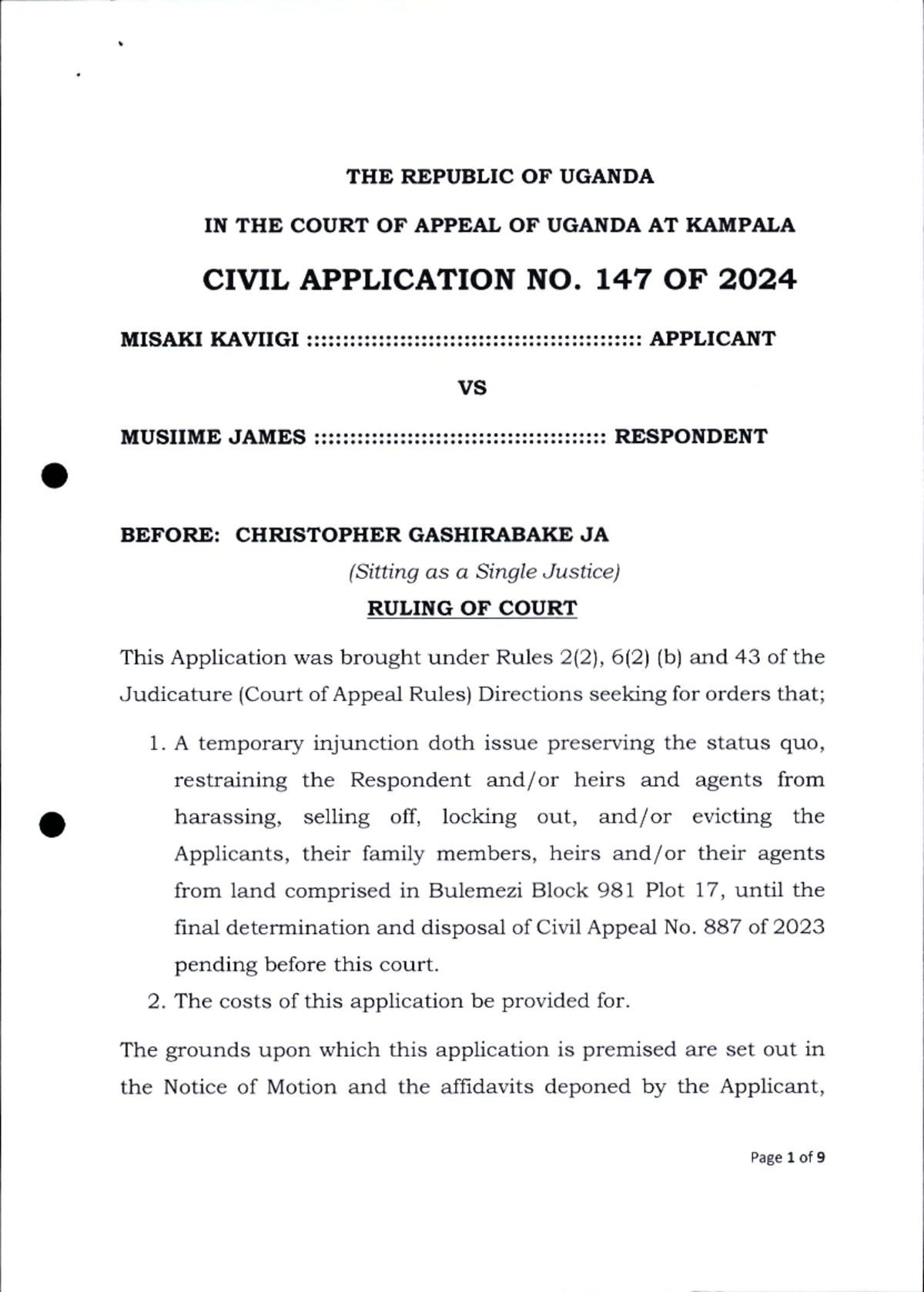 Civil Application No. 147 of 2024: Ruling on Temporary Injunction - Studocu