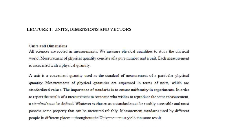 LECTURE 1: UNITS, DIMENSIONS & VECTORS - Perpendicular Vectors - Studocu