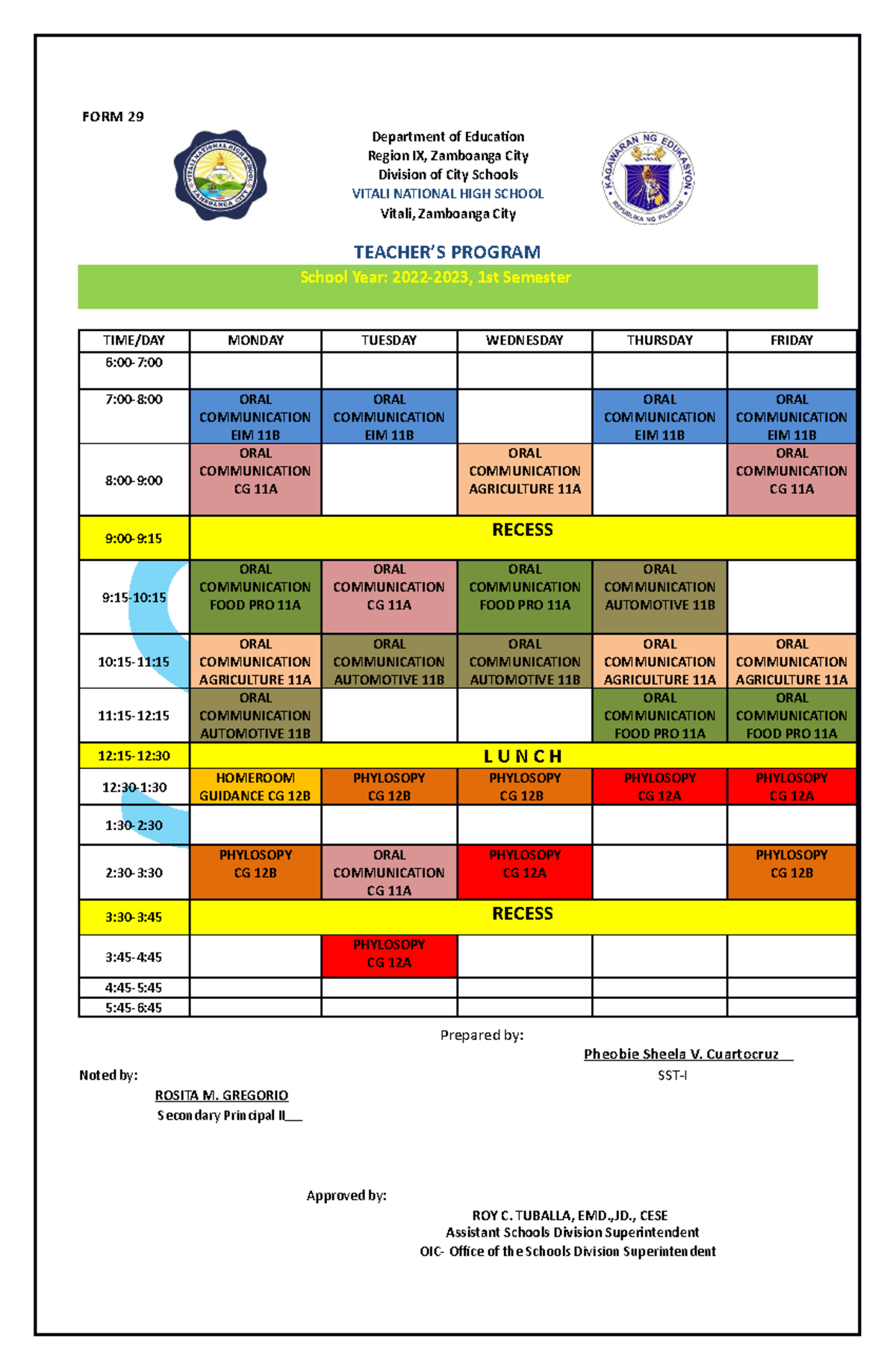 Form 29-30RM: Teacher’s & Class Programs for SHS 2022-2023 - Studocu