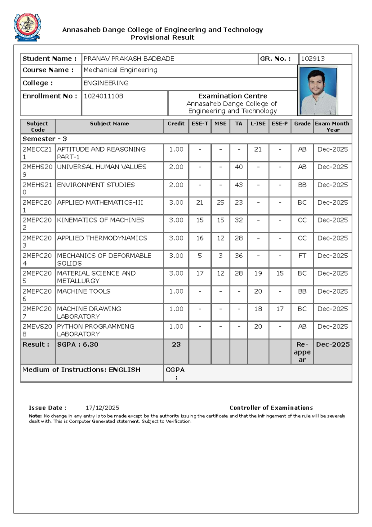 Provisional Result for Mechanical Engineering 2MECC21 - 3rd Sem - Studocu