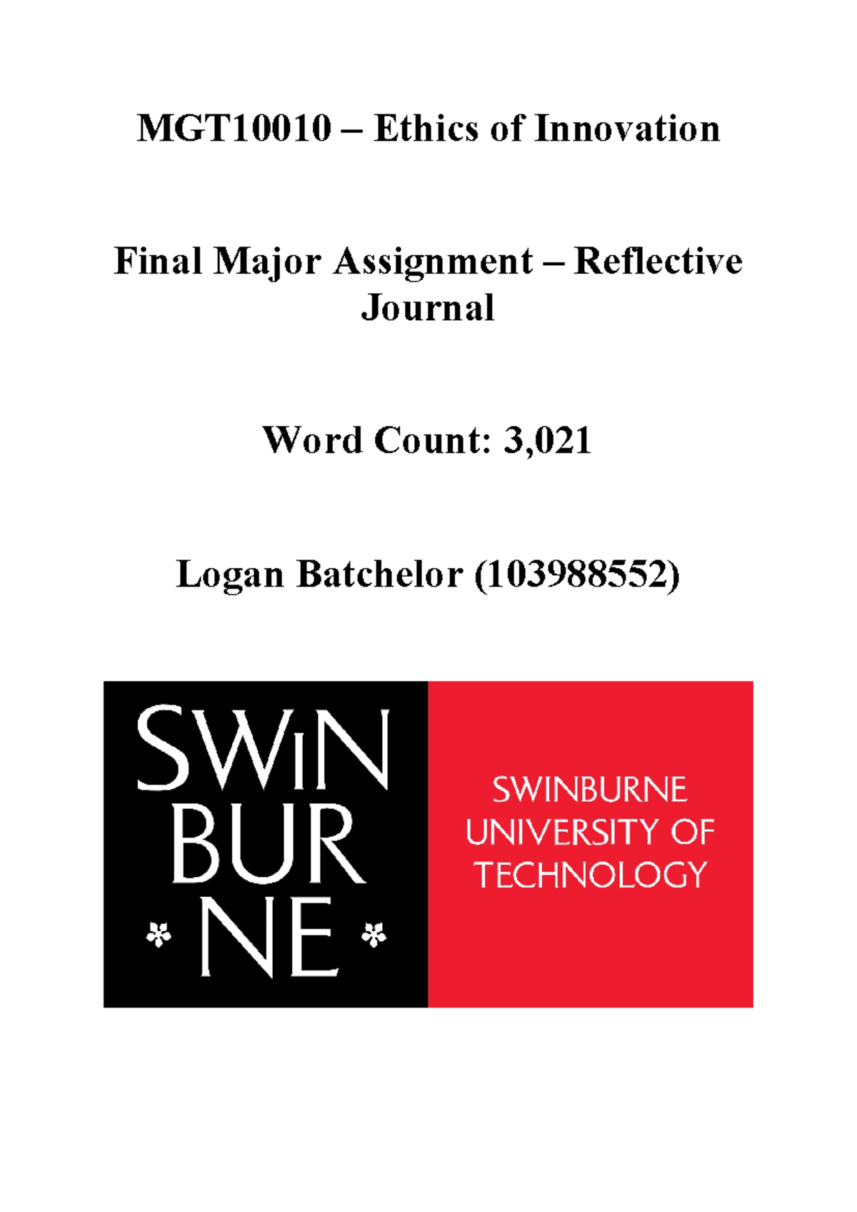MGT10010 – Ethics of Innovation: Final Reflective Assignment - Studocu