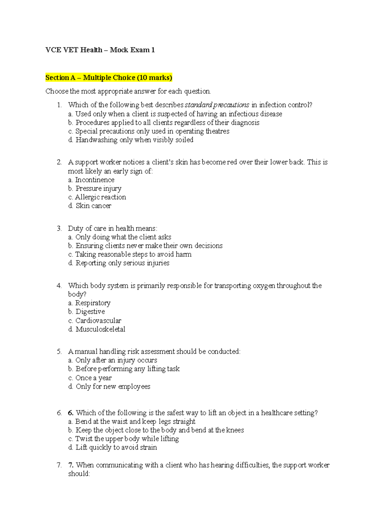 VCE VET Health Mock Exam 1: Section A MCQs and Answers - Studocu