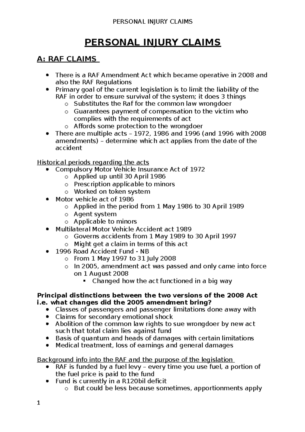 "Personal Injury Claims Study Notes - RAF Act Overview and Legal ...