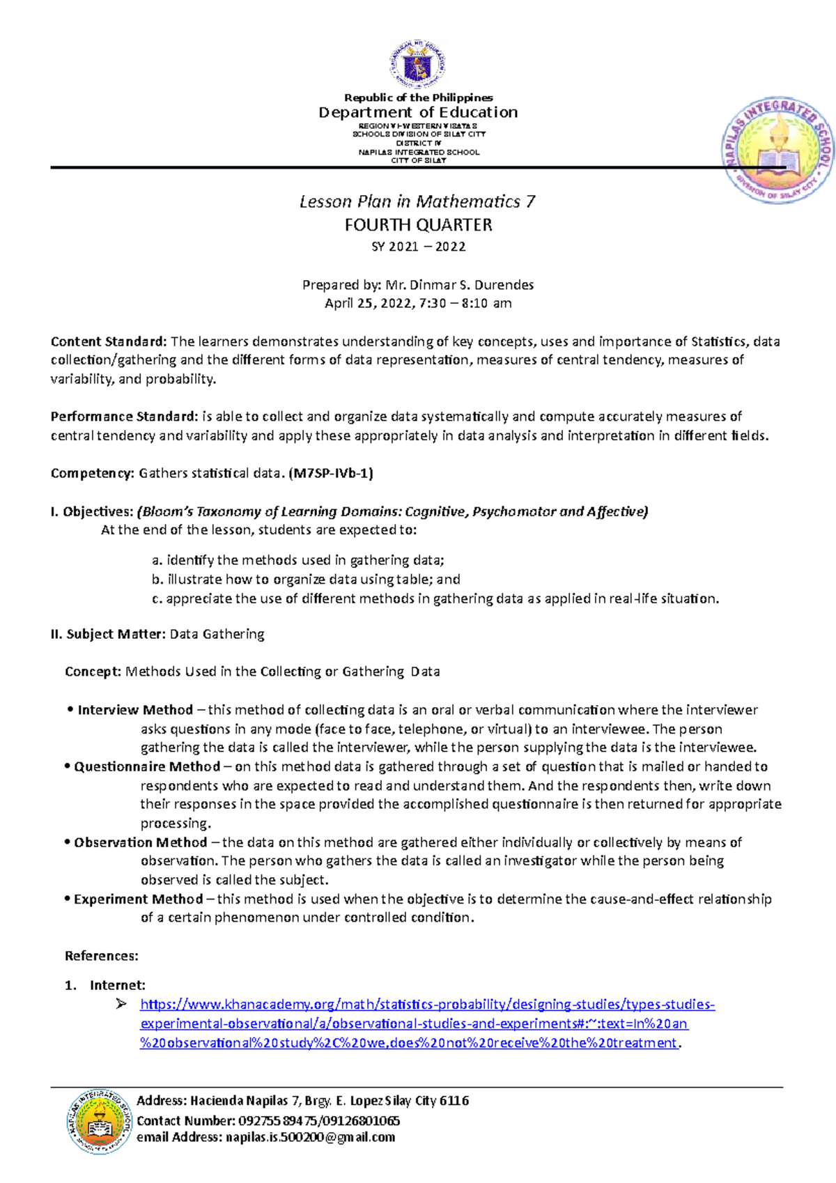 MATH 7 4th Quarter 2021-2022 Detailed Lesson Plan on Statistics - Studocu