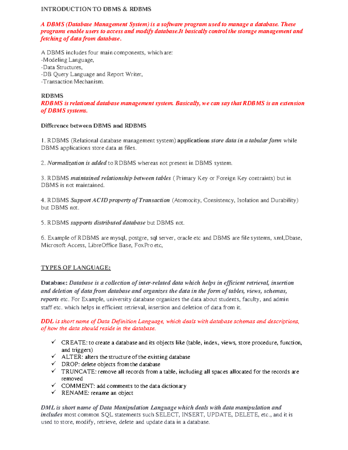 Unit 1: Introduction To Dbms And Rdbms Concepts - Studocu