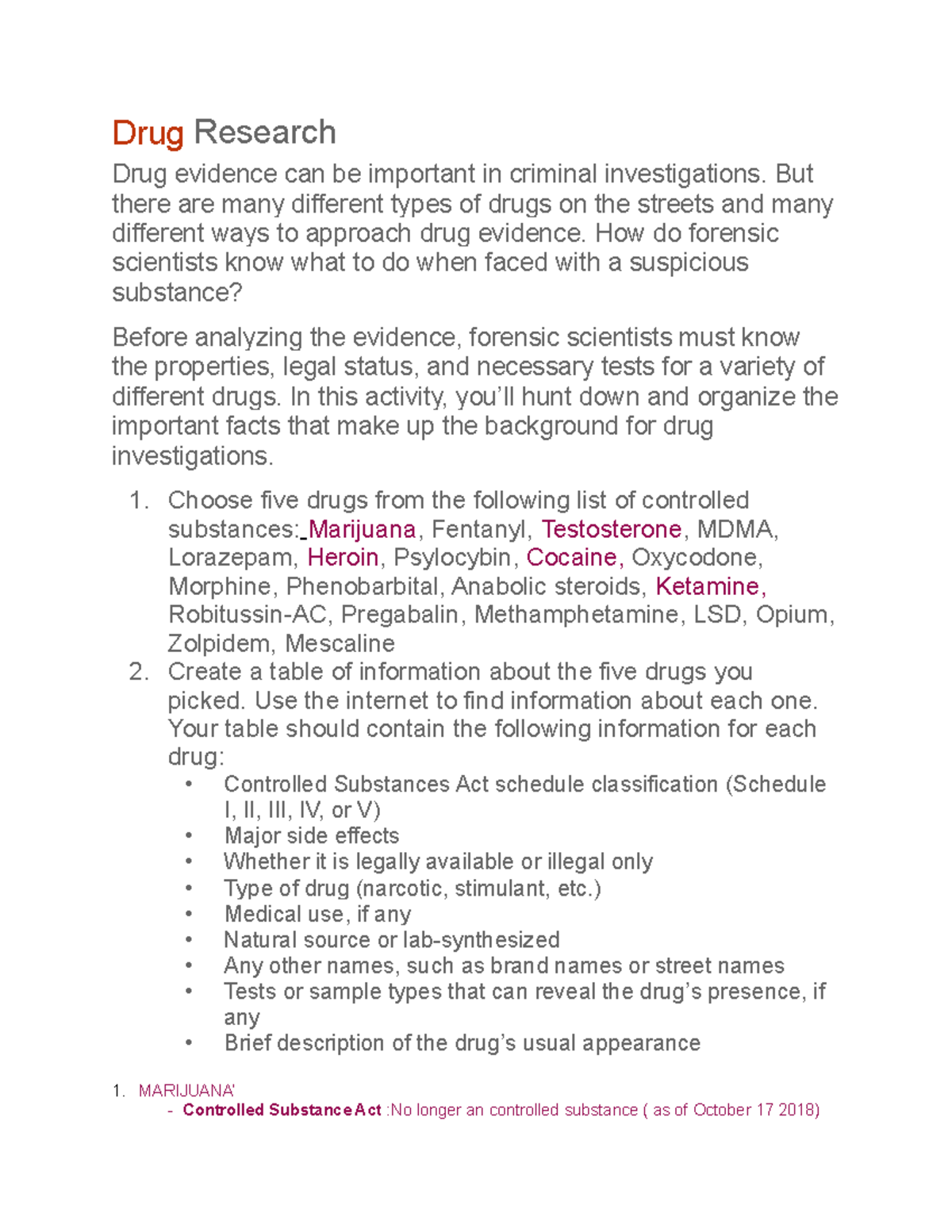 Unit 1 Activity - Forensic Drug Analysis and Classification - Studocu