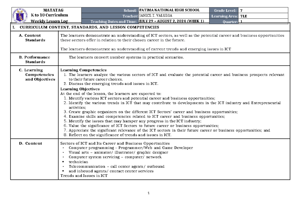 DLL TLE 7 Q1 W1 - ICT Sectors and Career Opportunities Lecture Notes ...