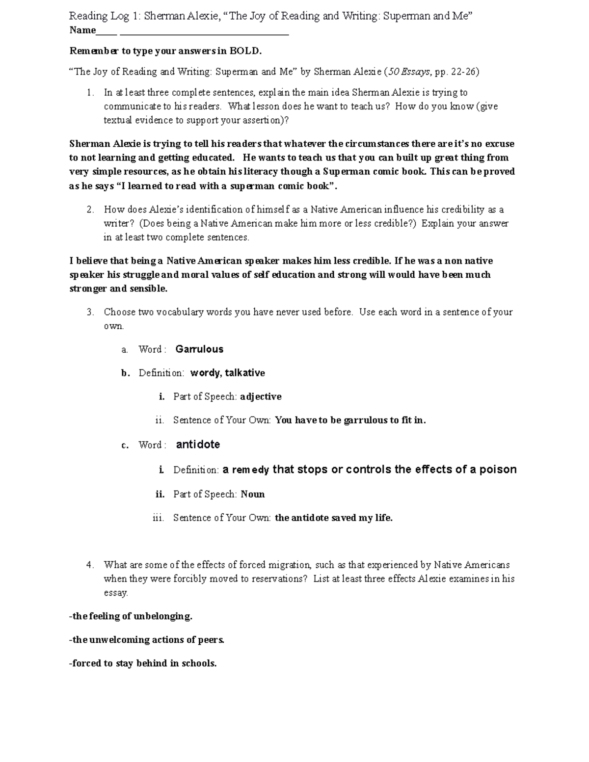 Reading Log: Sherman Alexie - Insights on Education and Identity - Studocu