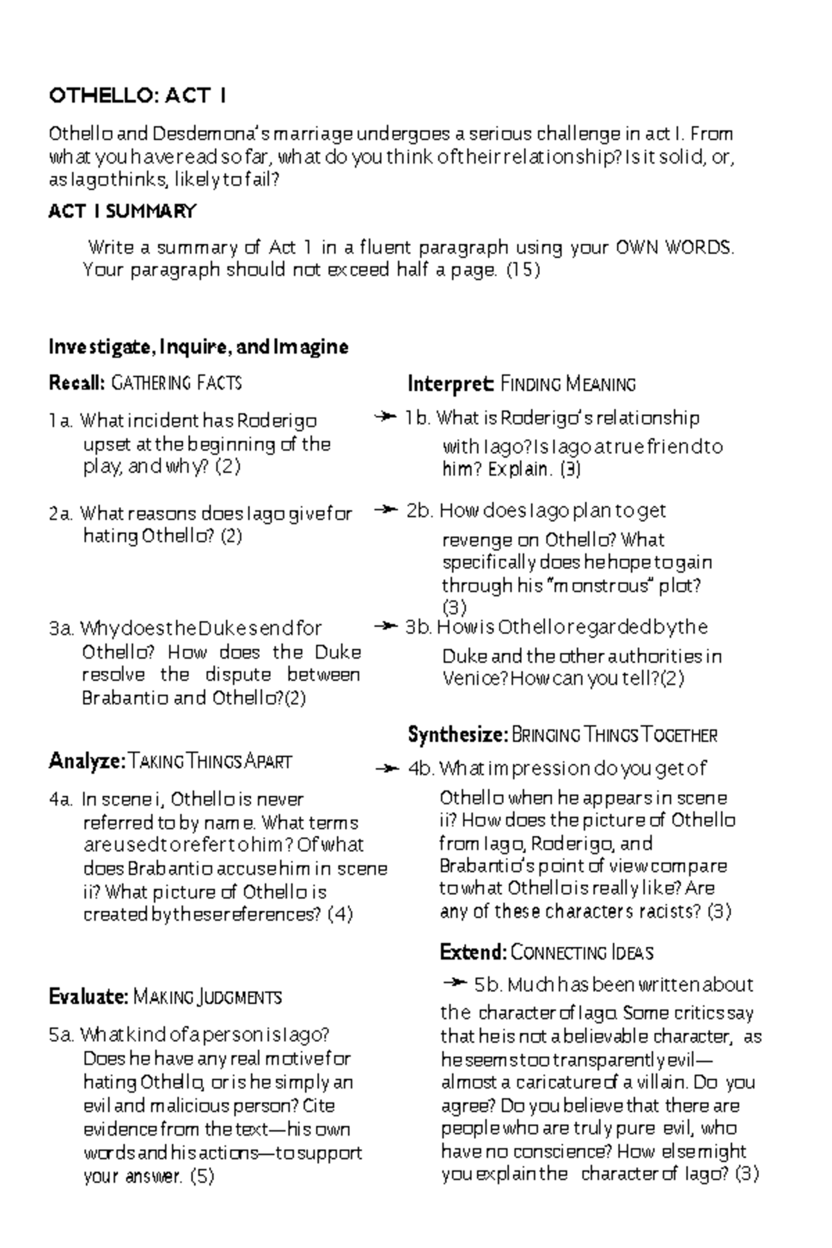Othello Act 1 Analysis Questions and Key Themes - Studocu