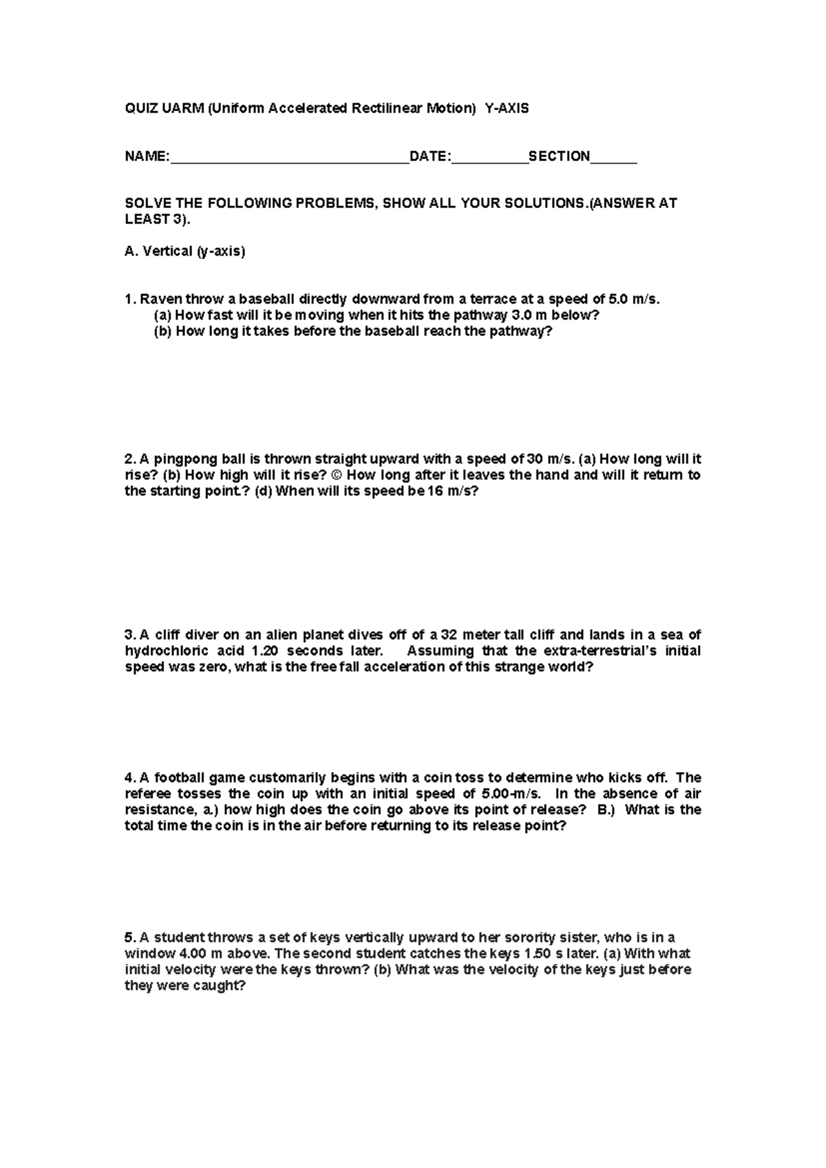 QUIZ UARM: Problems on Uniform Accelerated Motion (Y & X Axis) - Studocu